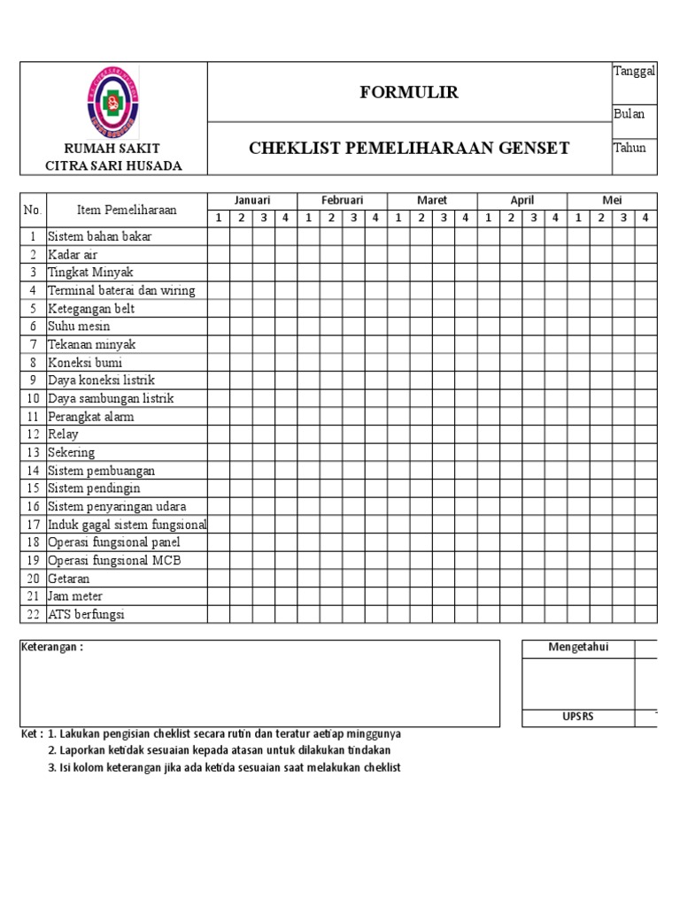 Cheklist Pemeliharaan Genset | PDF