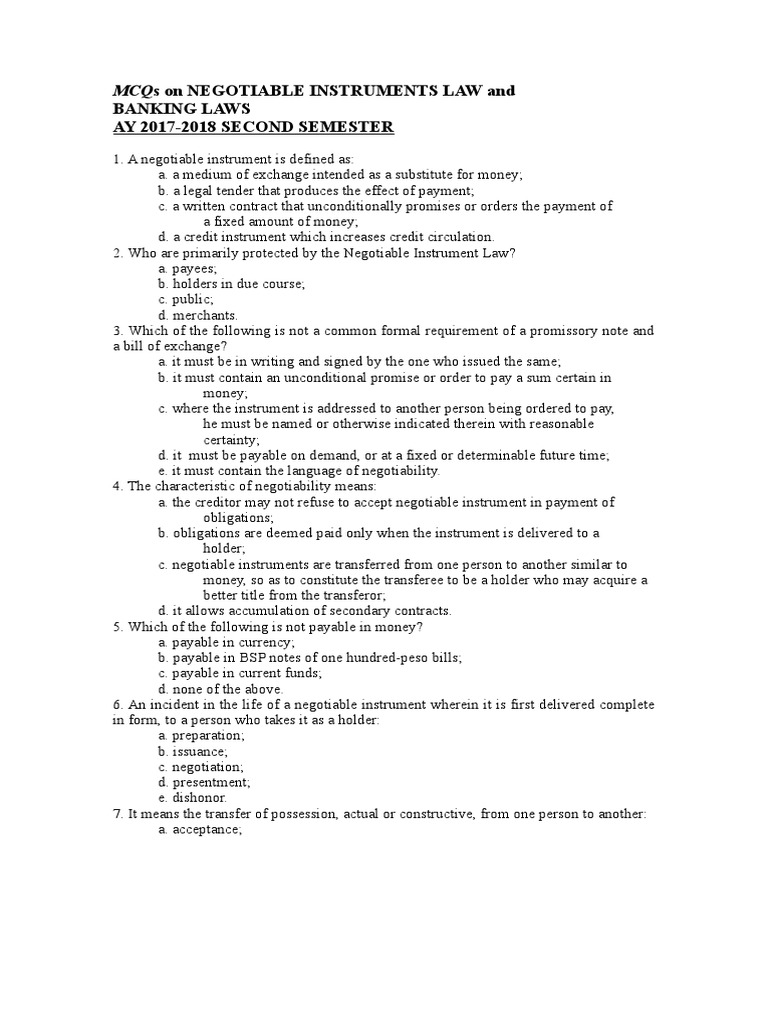 NIL MCQs AY 2017 2018 2nd Semester | PDF | Negotiable Instrument ...