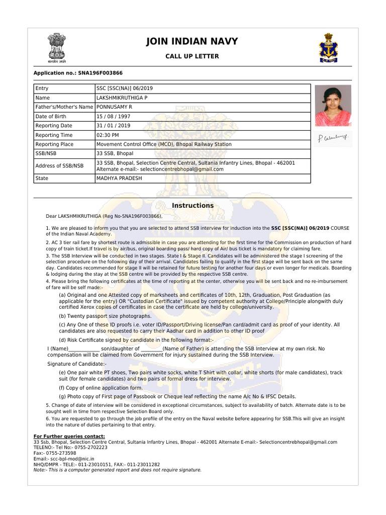 Indian Navy Call Up Letter | PDF | Government | Business