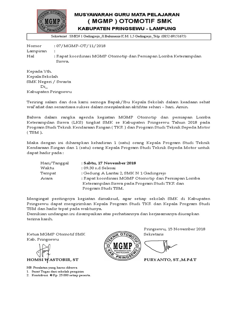 Undangan Rapat MGMP - 17 Nov 2018 | PDF