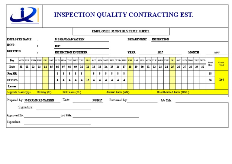 Inspection Quality Contracting Est.: Employee Monthly Time Sheet | PDF