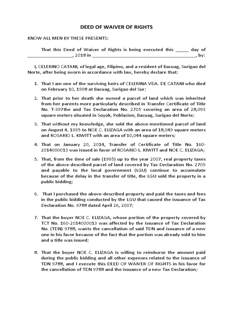 Deed of Waiver of Right | PDF | Civil Law (Common Law) | Private Law