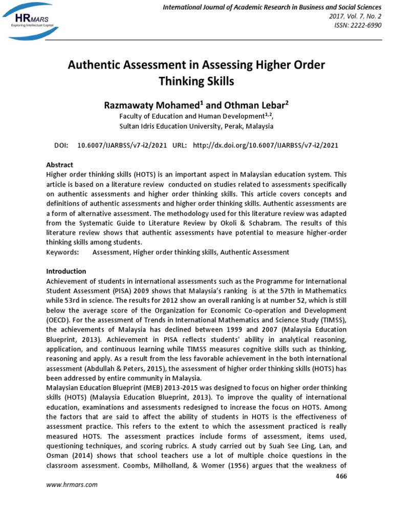 Authentic Assessment for Higher Order Thinking | PDF | Educational ...