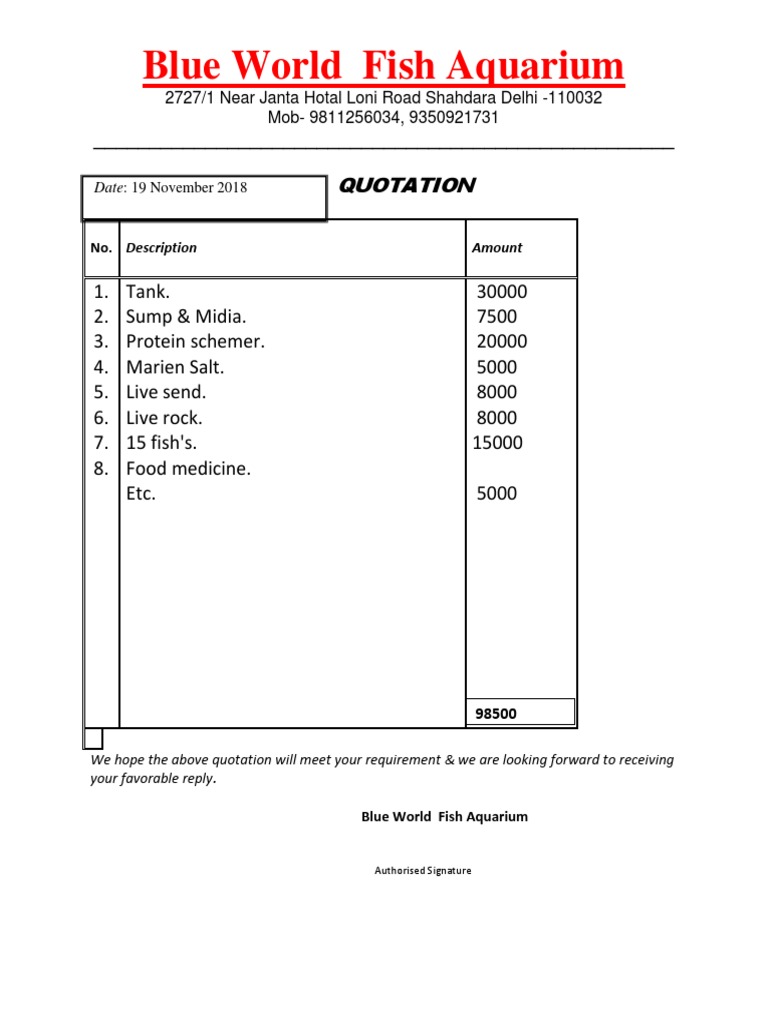 Blue World Fish Aquarium: Quotation | PDF