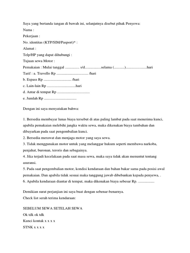 Contoh Surat Perjanjian Sewa Motor | PDF
