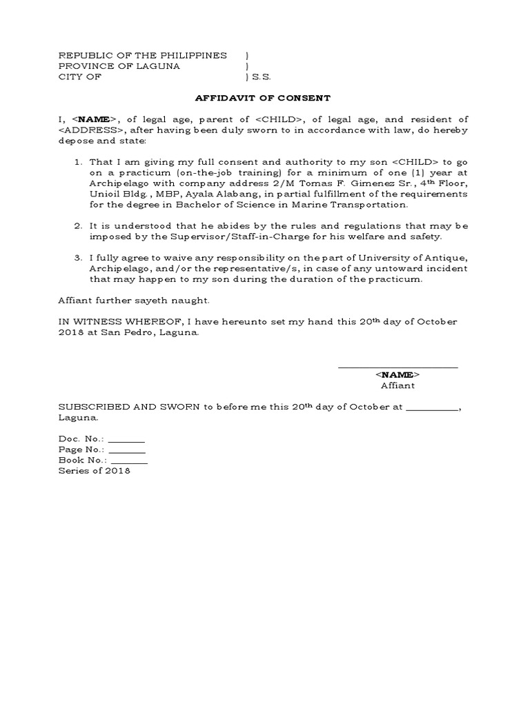 Affidavit of Consent (OJT) Template | PDF