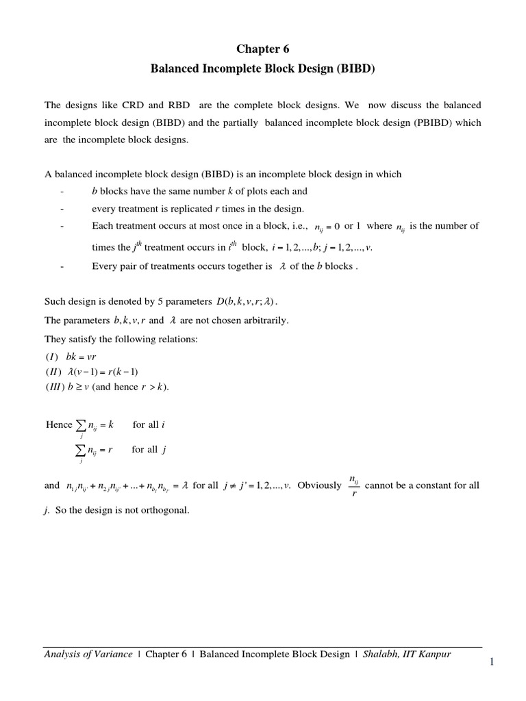 Chapter6 Anova Bibd | PDF | Errors And Residuals | Estimator
