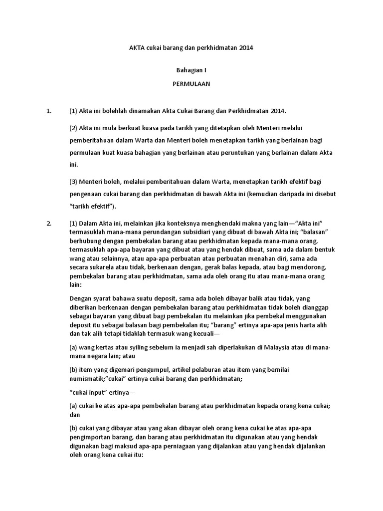 Akta Cukai Barang Dan Perkhidmatan 2014 Assignment Copy 1 Pdf