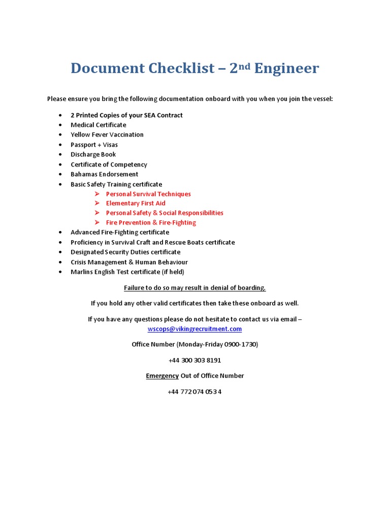 Document Checklist - 2 Engineer: 2 Printed Copies of Your SEA Contract ...