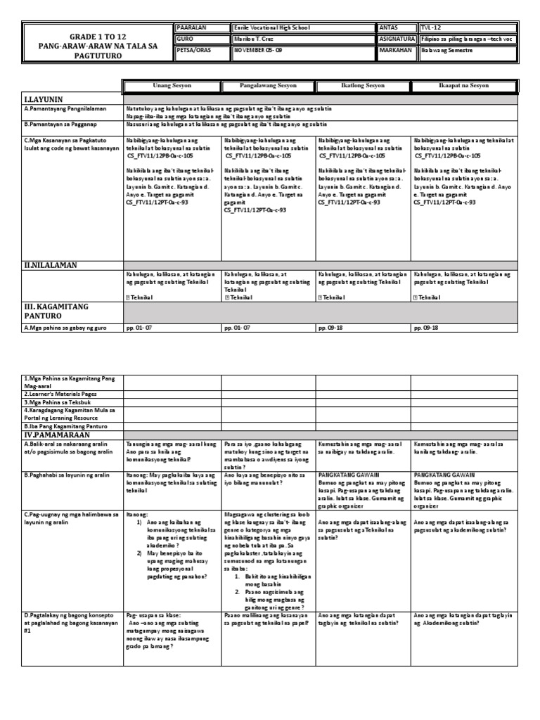 Filipino Tech-Voc DLL #1-November | PDF