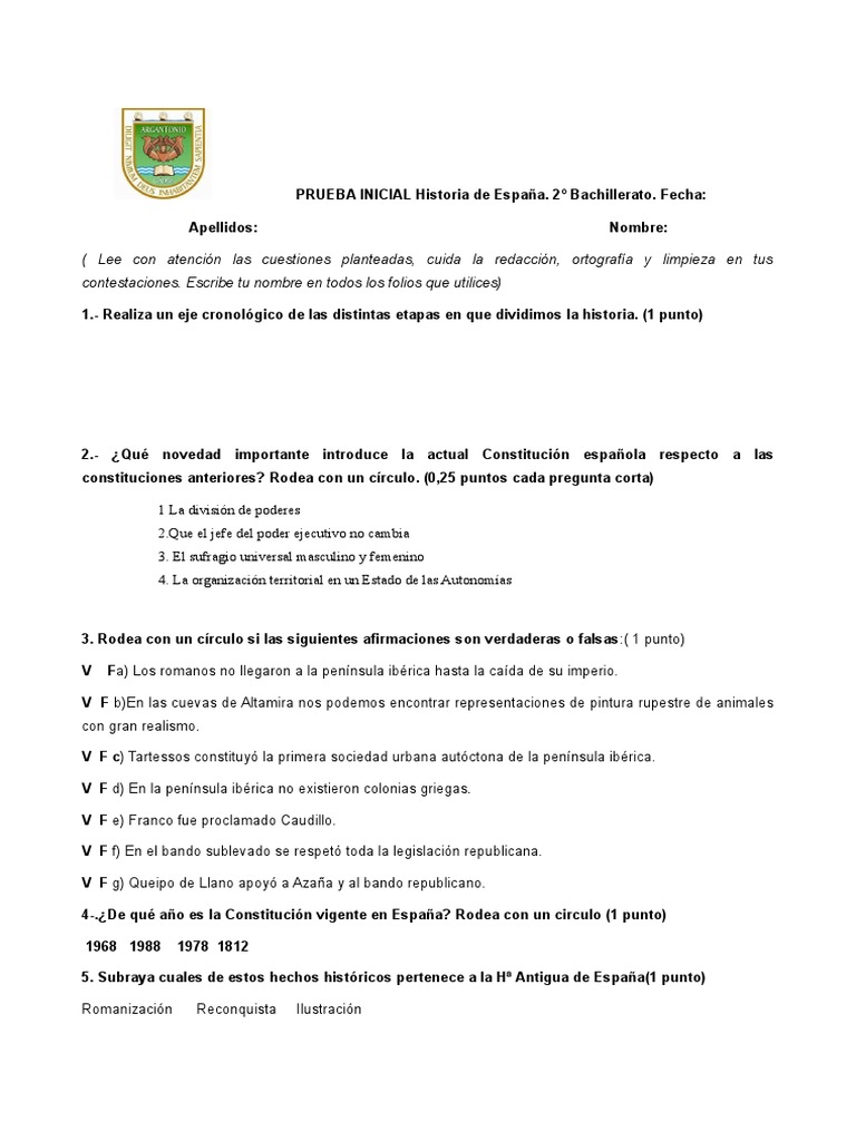 Examen de Historia de España. 2o Bachillerato | PDF | Francisco franco ...