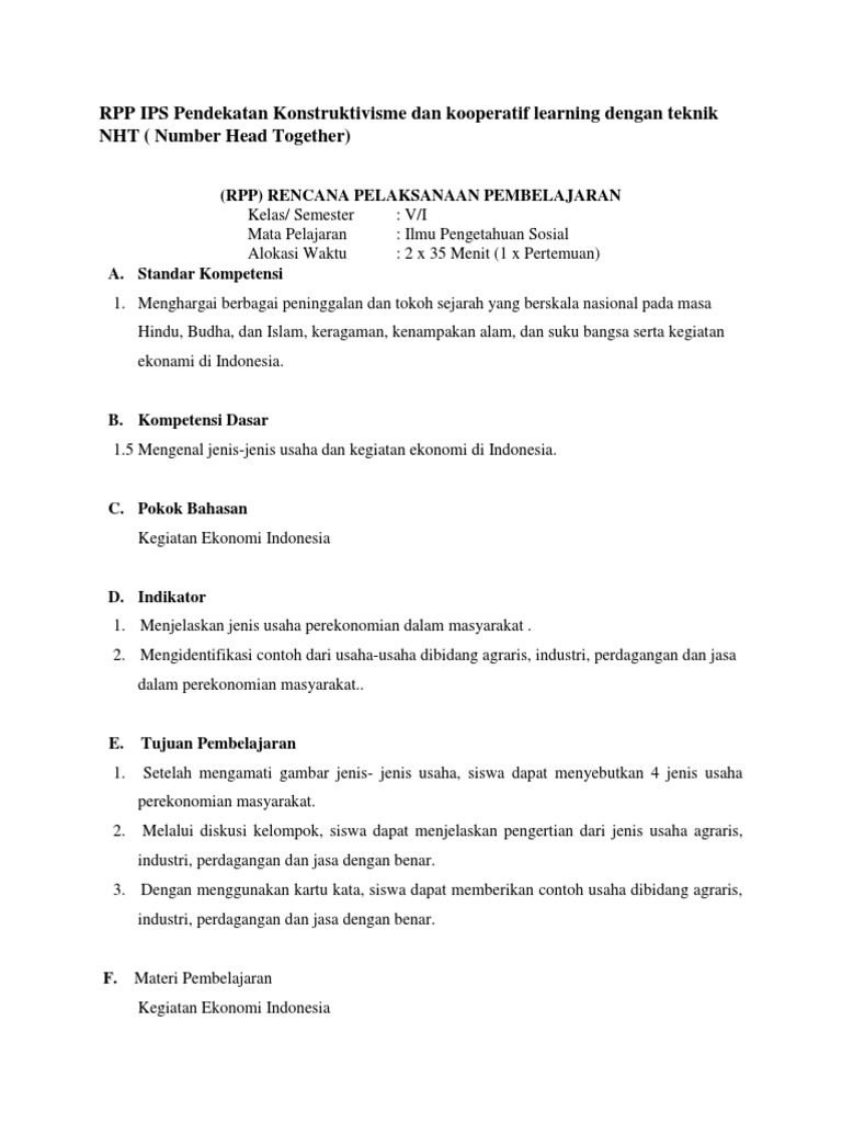 RPP IPS Pendekatan Konstruktivisme Dan Kooperatif Learning Dengan Teknik NHT | PDF