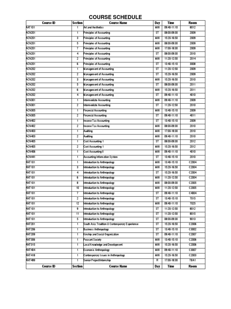 Course Schedule: Course ID Section Course Name Day Time Room | PDF ...