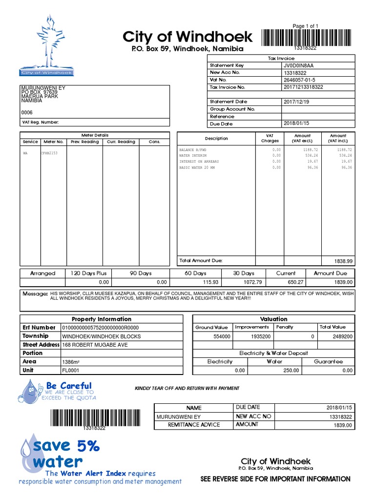 City of Windhoek Tax Invoice for Water Services Provided to Murungweni ...