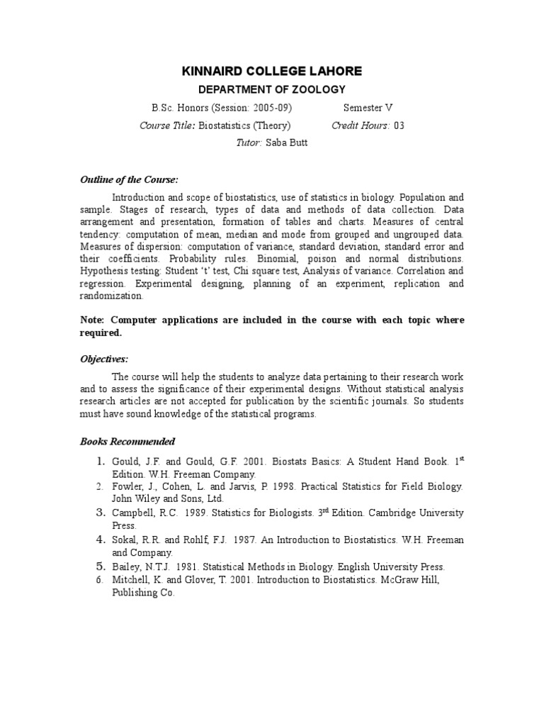 Biostatistics Syllabus (Final) | PDF | Biostatistics | Statistics