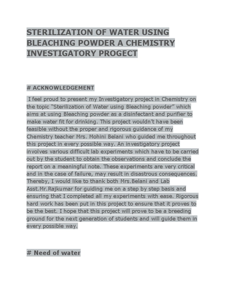 Sterilization of Water Using Bleaching Powder A Chemistry Investigatory Progect | PDF | Water ...