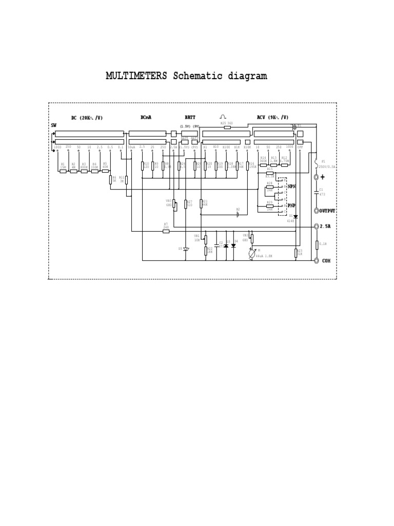 MULTIMETERS Schematic Diagram: ACV (9K /V) Dcma Batt DC (20K /V) SW | PDF
