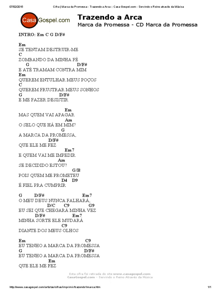 Marca da Promessa: Letra e cifra da música 'Trazendo a Arca' do CD do ...