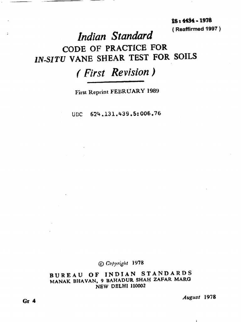 Is 4434 - 1978 in Situ Vane Shear Test For Soils | PDF