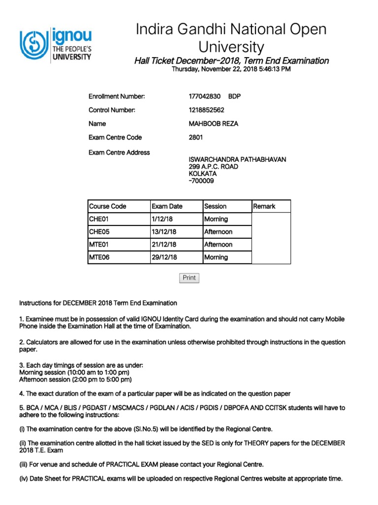 Indira Gandhi National Open University: Hall Ticket December-2018, Term ...