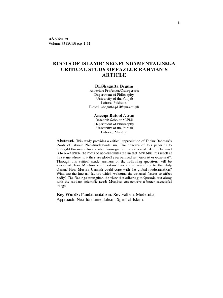Roots of Islamic Neo-Fundamentalism-A Critical Study of Fazlur Rahman'S ...