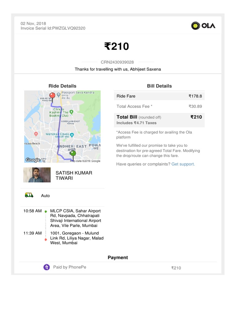 Ola Auto Invoice for Abhijeet Saxena | PDF | Invoice | Fee