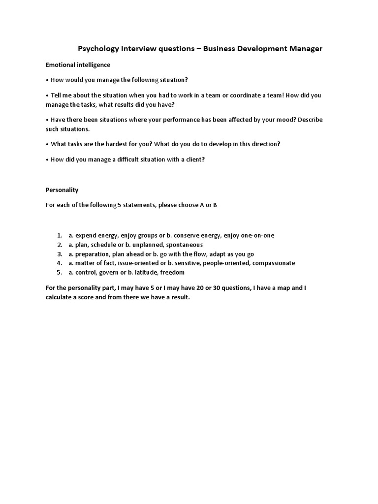 Psychology Interview Questions - Business Development Manager | PDF