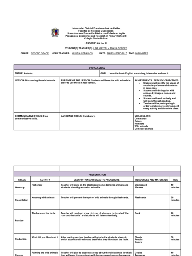 Wild Animals Lesson Plan for Grade 2 | PDF | Lesson Plan | Vocabulary