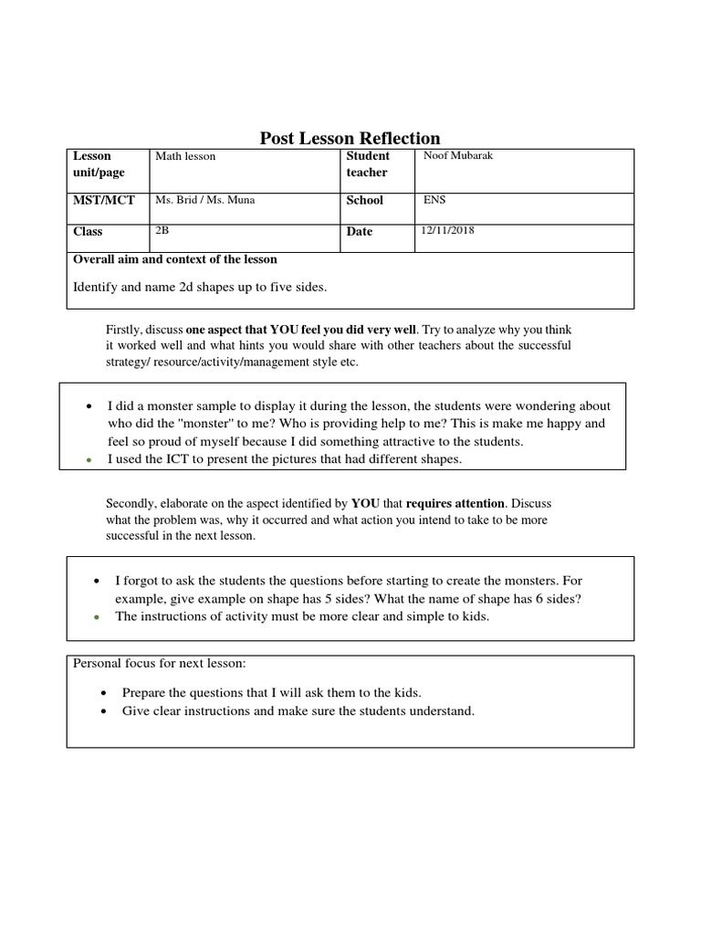 Teacher's Math Lesson Reflection | PDF | Career & Growth | Social Science