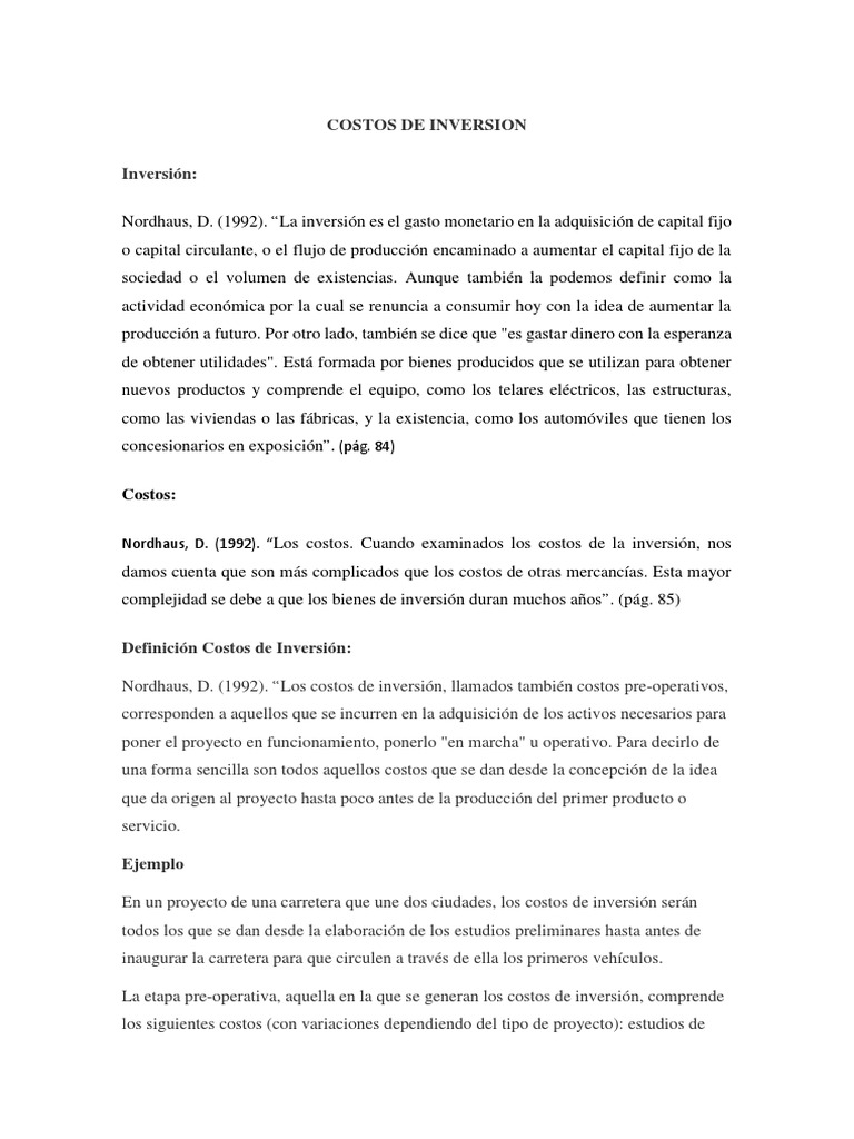 Costos de Inversion | PDF | Capital (economía) | Inversiones