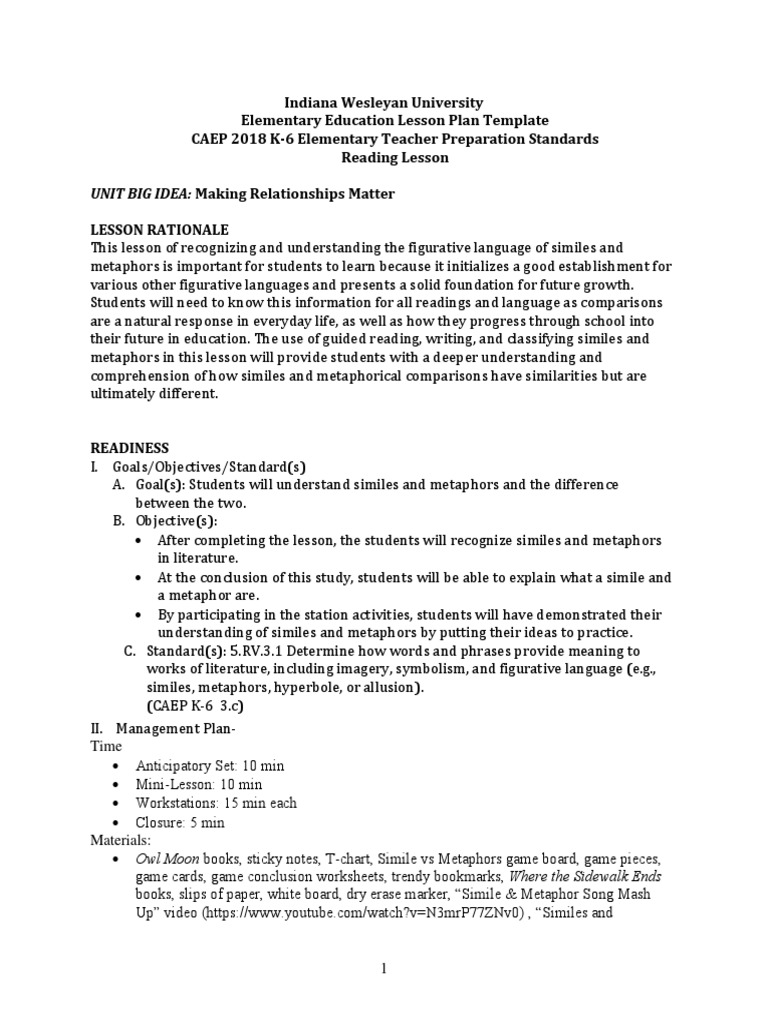 Simile Metaphor Lesson Plan | PDF | Metaphor | Lesson Plan