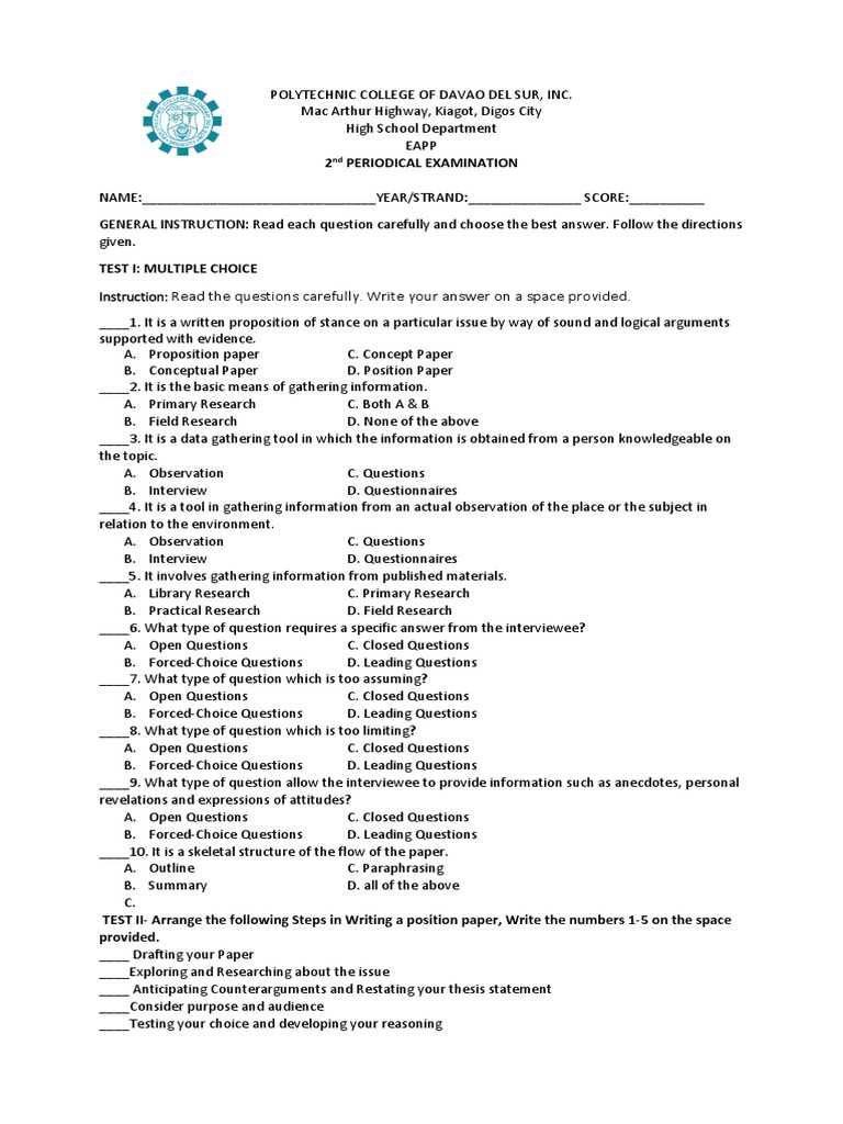 Read The Questions Carefully. Write Your Answer On A Space Provided | Download Free PDF ...