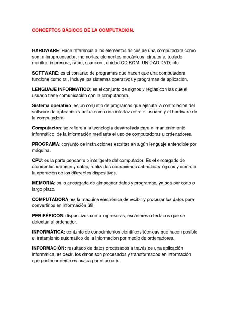 Conceptos Básicos de La Computación | PDF | Hardware de la computadora | Sistema operativo