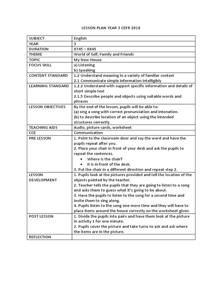 Lesson Plan Year 3 Cefr 2018 | PDF