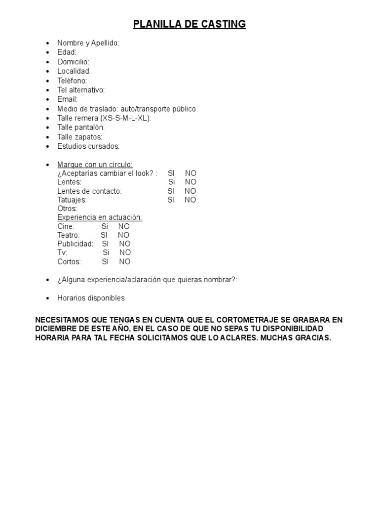 Planilla Casting Sin Rastro | PDF