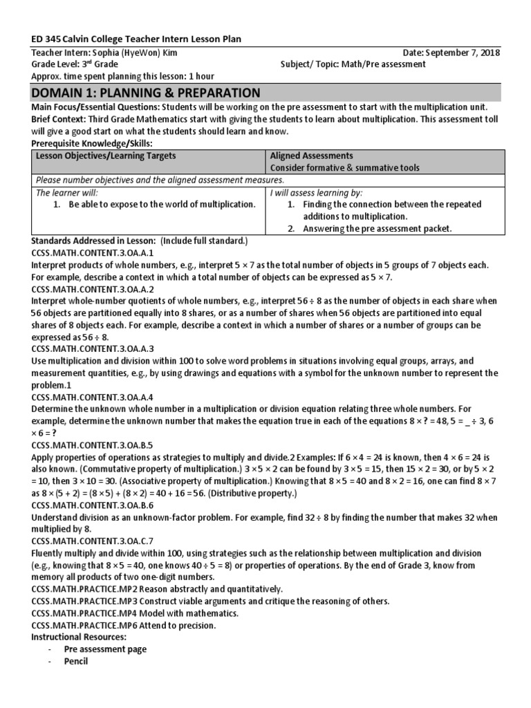 Math Unit Lesson Plan 1 - Pre Assessment | PDF | Educational Assessment ...