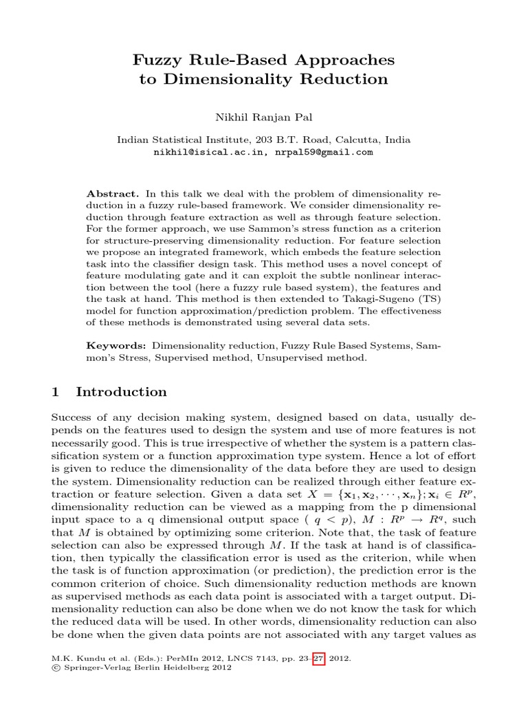 Fuzzy Rule Based Approaches To Dimensionality Reduction Pdf Fuzzy Logic Statistical