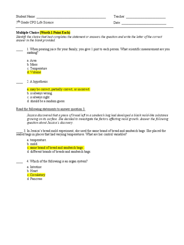 7th Grade Pretest and Key | Cell (Biology) | Organisms