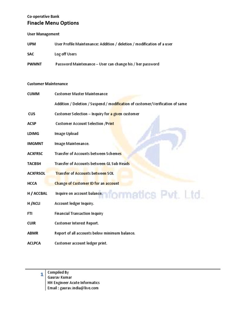 Finacle Menu Options Co Operative Bank Pdf Cheque Clearing Finance