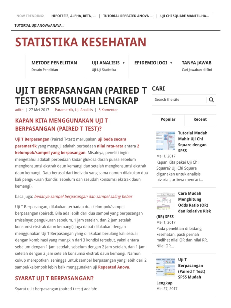 Uji T Berpasangan (Paired T Test) SPSS Mudah Lengkap | PDF
