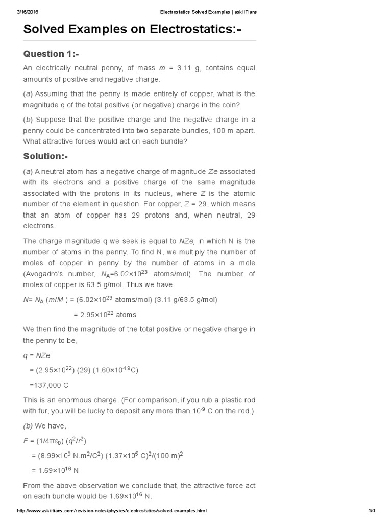 Electrostatics Solved Examples - AskIITians | Download Free PDF | Mole (Unit) | Ion
