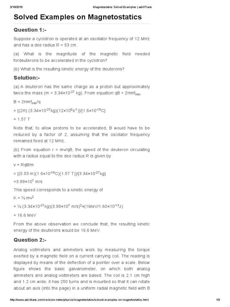 Magnetostatics Solved Examples - AskIITians | PDF | Magnetic Field | Torque