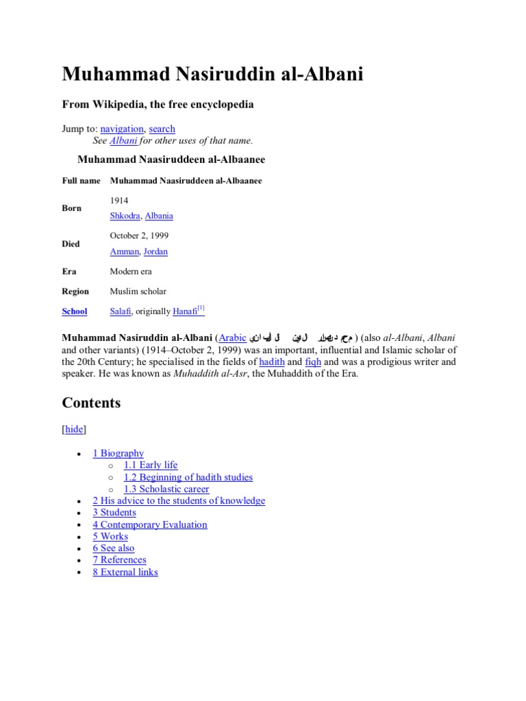 Muhammad Nasiruddin Al-Albani 1914-1999 | PDF | Hadith | Sunni Islam