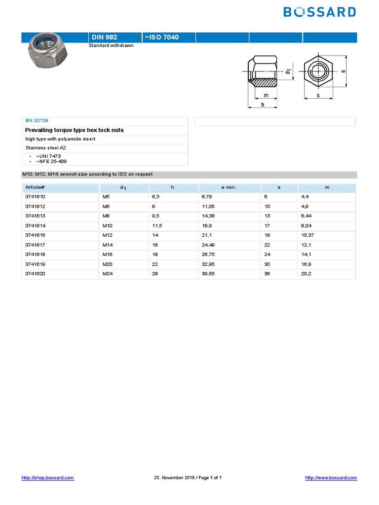 DIN 982 Hex Lock Nuts Specifications | PDF