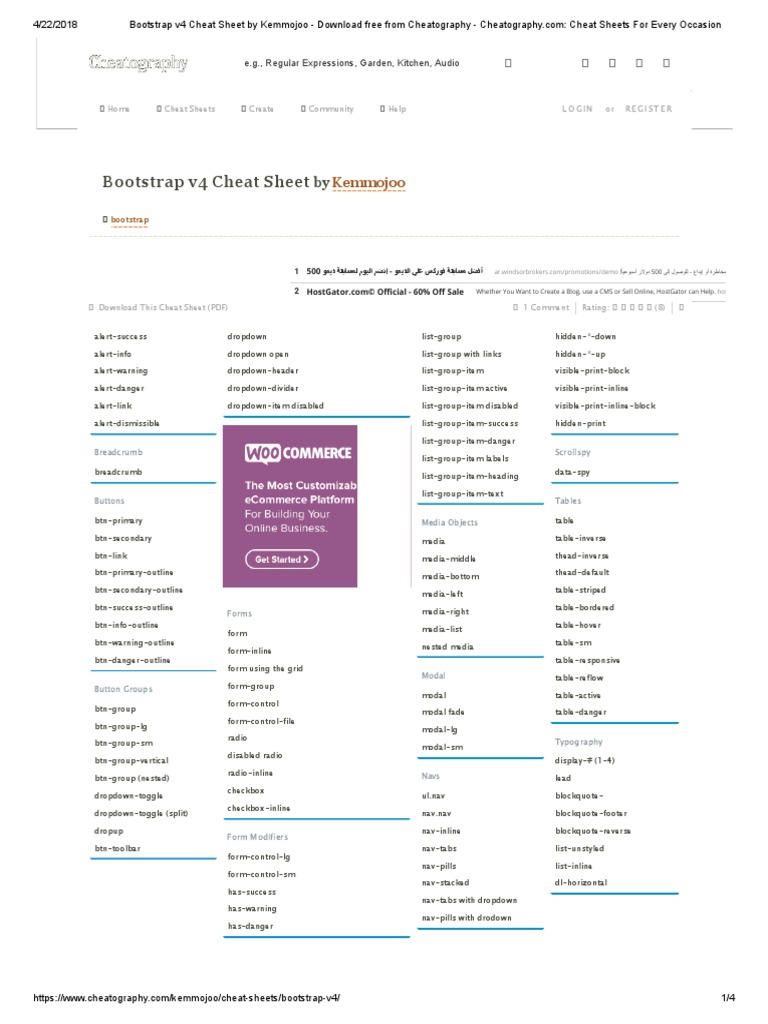 Bootstrap v4 Cheat Sheet: Kemmojoo | PDF | Computing | Software
