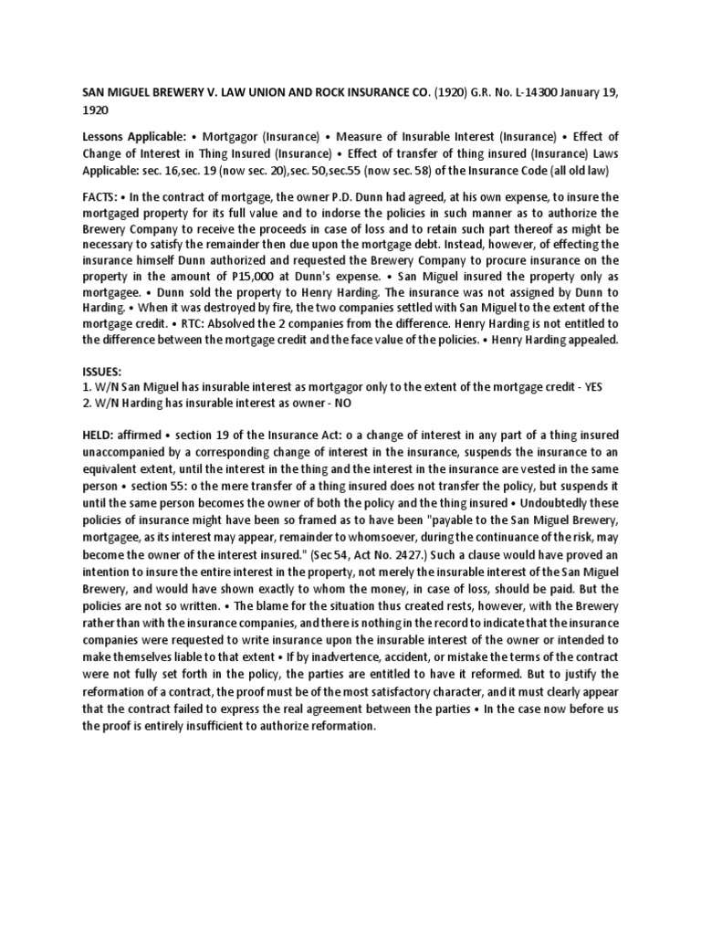 San Miguel Brewery Insurance Case Summary | PDF | Mortgage Law | Insurance
