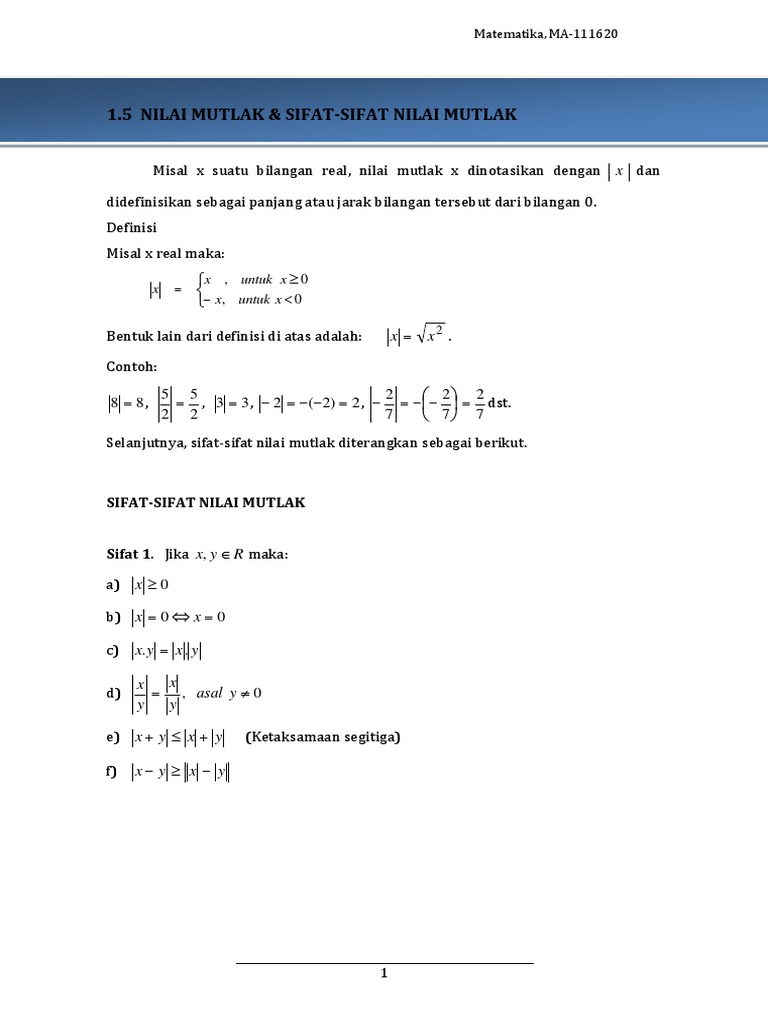 Nilai Mutlak Dan Sifat-Sifat Nilai Mutlak | PDF
