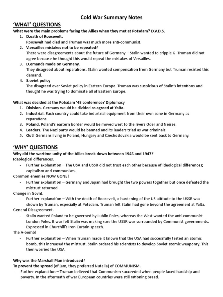 Cold War Summary Notes | PDF | Soviet Union | World Politics