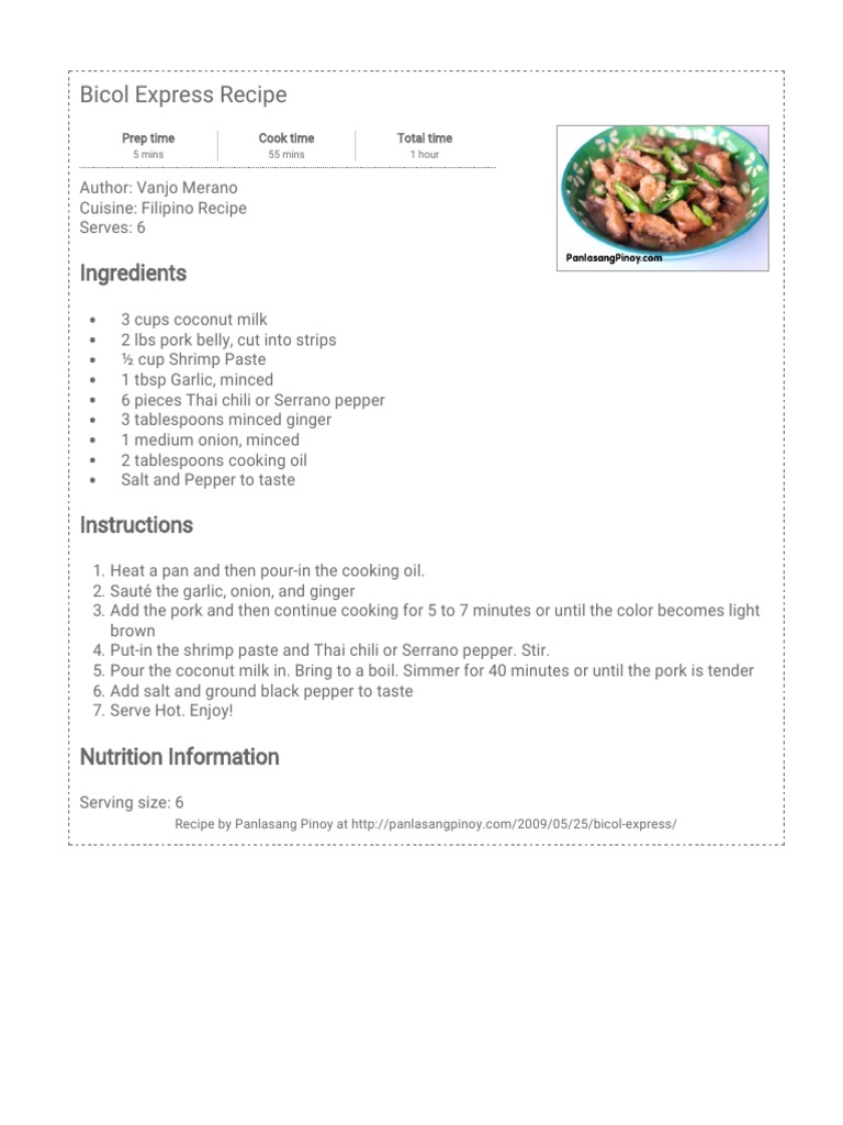 Bicol Express Recipe | PDF | Wellness | Lifestyle