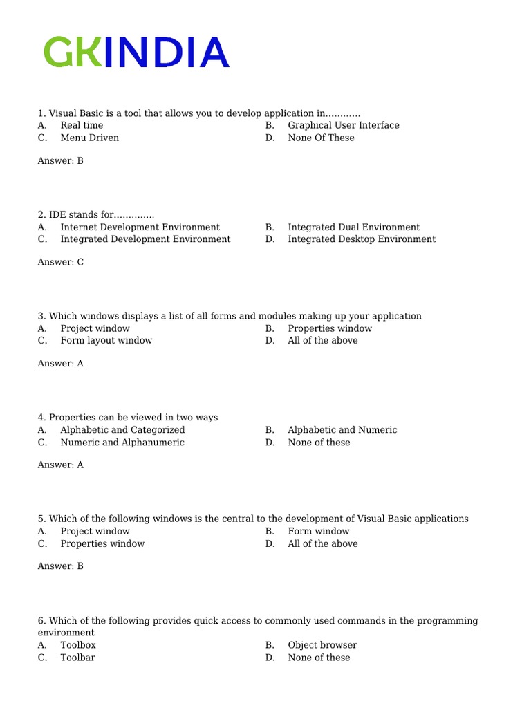 Visual Basic MCQ | PDF | C (Programming Language) | Control Flow